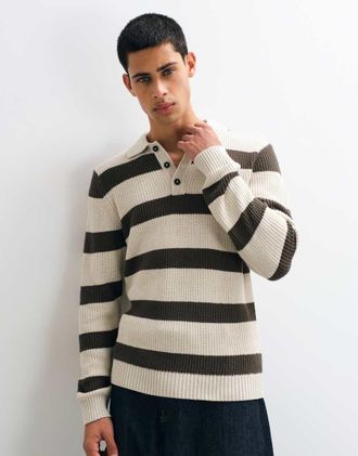 Blend gestrickter Rugby-Pullover mit Streifen in Braun-Multi