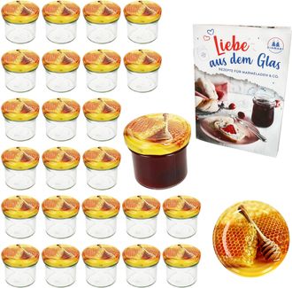 MamboCat 25er Set Sturzglas 125 ml mit Schraub-Deckel Honigwabe I Einmachgläser + to 66 Deckel mit Diamant-Zucker-Rezept I Vorratsgläser einkochen & konservier