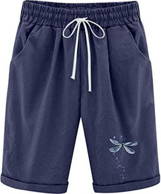 Generic Bermuda pour femme en coton et lin - Short dété décontracté - Cordon de serrage - Taille élastique - Longueur genou - Short de sport délicat - Imprimé