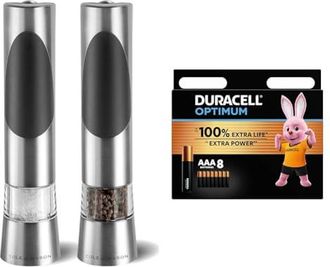 Cole & Mason H90180P Richmond Moulins Sel et Poivre s, Precision+/Mouture R&eacute;glable, Chrome/Acrylique, 215mm, Comprend 2 x Moulins + Piles AAA Duracell Optimum (lot