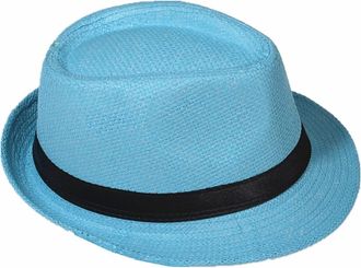 Miobo Strohhut Panama Fedora Trilby Gangster Hut Sonnenhut mit Stoffband Farbe:-Himmelblau (Strohhut) Gr:-58