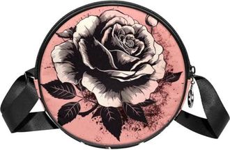 Generic Sac &agrave; bandouli&egrave;re Circle pour femme, petit sac &agrave; bandouli&egrave;re rose noire avec fermeture &eacute;clair, bretelles r&eacute;glables, sac &agrave; main rond d&eacute;contract&eacute; pour f