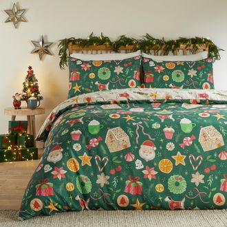 furn. Duvet Day Festive Treats Bettbezug-Set - Wendbare, weiche Weihnachtsbettwäsche (Smaragdgrün - Einzelbett), Smaragd