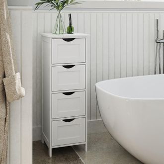 Vasagle Meuble de Salle de Bain sur Pied, avec 4 Tiroirs, 30 x 30 x 82 cm, pour Salle de Bain, Salon, Salle &agrave; Manger, Cuisine, Style Moderne, Blanc