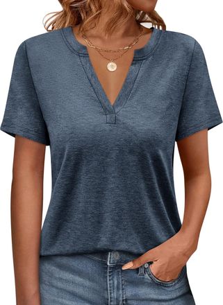 Onsoyours Tshirt Damen V-Ausschnitt Kurzarm T-Shirts Sommer Oberteile Locker Basic Shirt A Dunkelblau XXL