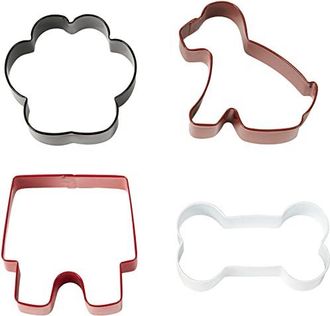 Wilton Cookie Cutter Pet Theme, 4-Teilig: Keksausstecher Tieren, Aluminium Ausstechformen: Pfotenabdruck, Knochen, sitzender Hund, Hundehütte, Küchenbacken, 