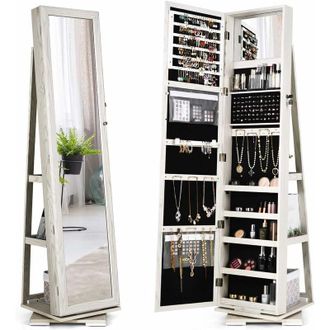 Costway Armoire &agrave; Bijoux Pivotante &agrave; 360 Degr&eacute;s, Organisateur de Bijoux sur Pieds, avec Grand Miroir Psych&eacute; et Etag&egrave;re de Rangement &agrave; LArri&egrave;re (Gris)