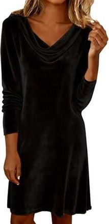 Generic Robe en velours avec col cascade pour femme - Robe &agrave; manches longues pour lhiver 2025 - Robe jaune pour femme Belle, Noir, XXL