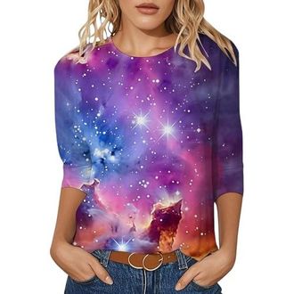 Generic T-shirt &agrave; manches 3/4 pour femme - Haut basique - Haut festif - Ciel &eacute;toil&eacute; - Imprim&eacute; - Paillettes - Multicolore - T-shirt &agrave; manches longues - Tenue g