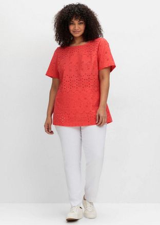 Sheego T-Shirt T-Shirt Kurzarm im Materialmix, mit Lochstickereien