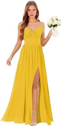 Generic Robe de demoiselle dhonneur en mousseline de soie avec col en V et bretelles spaghetti, longue robe de soirée plissée avec fente, jaune moutarde, 50 G