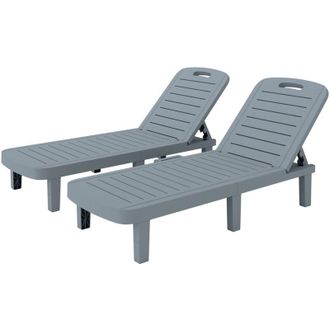 OUTSUNNY Lot de 2 bains de soleil inclinable - plateau r&eacute;tractable - PP textur&eacute; effet bois gris