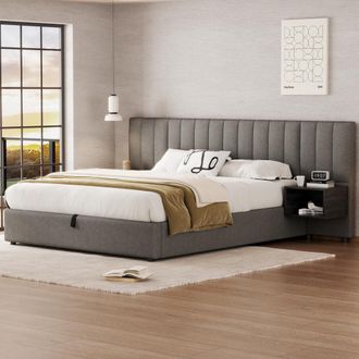 Suky Brand Polsterbett, 160 x 200 cm, Grau + Schwarz, hydraulisches Breitohrbett mit Zwei Nachttischen mit Stauraum, geeignet für Erwachsene und Jugendliche, Lat