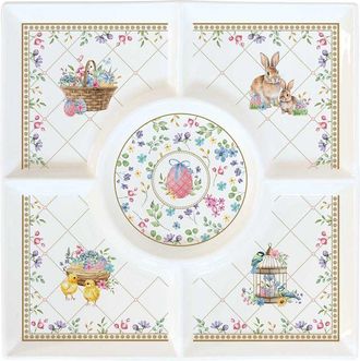 Easy Life Spring Bloom Dekorativer Teller mit Osterdesign, 25 x 25 cm, Wei&szlig; mit Blumenmuster und Hasen