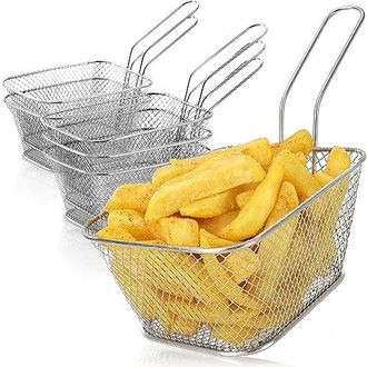 Com-Four Lot de 6 mini paniers &agrave; frites (4,5 x 11 x 7 cm) - Corbeille snack en acier inoxydable 430 - Petits paniers de friture argent&eacute;s avec poign&eacute;e - Panier 
