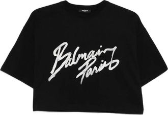 Balmain Femme, Tops, Noir, Taille: 42 FR Logo Crop Cotton T-Shirt