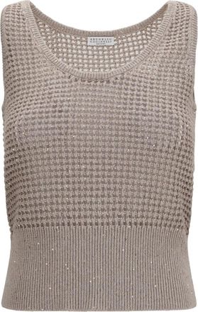 Brunello Cucinelli Perforiertes Pailletten-Top - - Tops - Damen - Beige - M