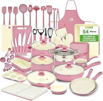 Nutrichef NutriChef Set Cuisine 54 Pi&egrave;ces - Po&ecirc;les C&eacute;ramiques Antiadh&eacute;sives, Ustensiles, Couteaux, Compatible Gaz, &Eacute;lectrique & Induction - Rose Blush