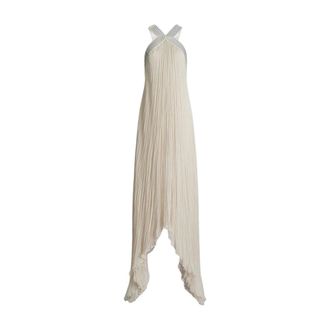 Alberta Ferretti Femme, Robes, Beige, Taille: 34 FR Robe Longue Pliss&eacute;e En Mousseline Avec Col Brod&eacute; M&eacute;tallis&eacute;