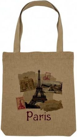 Fabulous Sac Shopping Tote Bag Aspect Lin - Paris Collage France Ville Tour Eiffel Louvre - Sac de Courses Toile Epaisse 360g Beige Naturel Cabas Port&eacute; Epaule 
