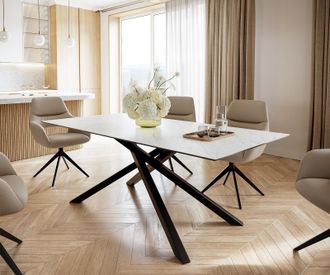 DELIFE Esstisch Edge 200x100cm Keramik LaminamStatuarietto Wei&szlig; Mittelfu&szlig; Kreuz Schwarz, Esstische