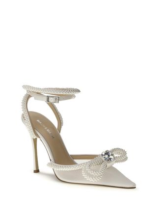 Mach & Mach Womens Double Bow Satin Pumps White High Heel Shoes
