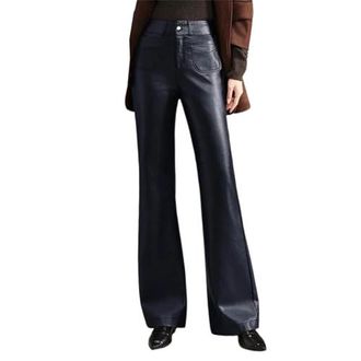 Generic TroUKers Pantalon amincissant en cuir Taille haute Évasé Pantalon chaud Grande taille, bleu marine, XXL