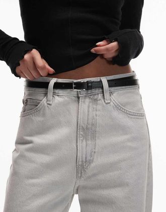 & Other Stories Ceinture fine en cuir v&eacute;ritable &agrave; boucle carr&eacute;e - Noir