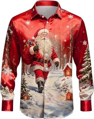 Generic Chemise de Noël amusante pour homme - Imprimé Père Noël et bonhomme de neige - Renne moche - Graphique 3D - Haut fantaisie pour homme - Motif sapin de