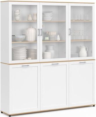 IDMarket Buffet vaisselier 160 cm VITO Meuble de Cuisine 6 Portes Blanc et Bois
