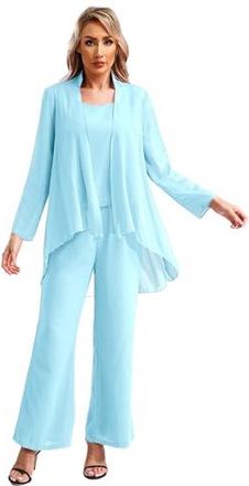 TiaoBug Ensemble Femme 3 Pièces Pantalons Costume de Soirée Cocktail Bal Mariage Cérémonie Mousseline Boléro Cardigan Manches Longues Débardeur Tenue Chic Out