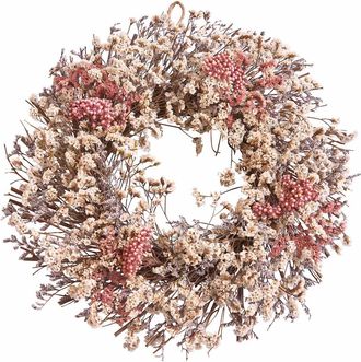 Loberon Trockenblumenkranz Jovilique, Echte Trockenblumen, Handgeflochten, Romantischer Look, zum H&auml;ngen oder Legen, T&uuml;rkranz, Dekoration, Rattan, Weide, wei&szlig;