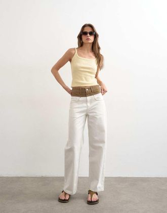 Topshop Jean bicolore ample &agrave; taille mi-haute - Marron/&eacute;cru-Blanc