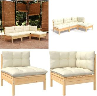 vidaXL 4-tlg. Garten-Lounge-Set mit Creme Kissen Kiefernholz - Gartensessel - Lounge Set - Gartenmöbeln - Rattan Möbel - Outdoor Furniture - Home & Living