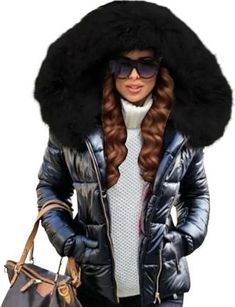 Generic Doudoune noire matelass&eacute;e pour femme, manteau dhiver matelass&eacute;, col en fourrure, doudoune &agrave; capuche, parka dext&eacute;rieur