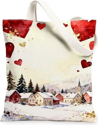 Generic Sacs fourre-tout en toile motif coeurs de Saint-Valentin, sacs d&eacute;picerie r&eacute;utilisables, vintage, l&eacute;gers, lavables, Rouge, 13x15 Inch