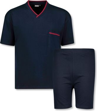 Adamo Kurzes Herren Schlafanzug Set VS-Shorty 100% Baumwolle, Navy, Gr&ouml;&szlig;e 10XL I Kurzer Pyjama Uni Hemd mit V-Ausschnitt & Kurze Hose mit Ges&auml;&szlig;tasche