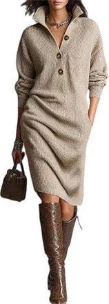 Generic Robe chandail midi &agrave; manches longues et col en V boutonn&eacute; pour femme - Robe chandail en tricot c&ocirc;tel&eacute; avec poches, kaki, XXL