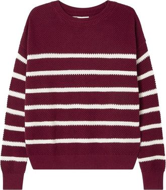 Springfield Damen Striped Sweater with Mini Embroidery Sweatshirt mit Spitze, Weinrot, XL
