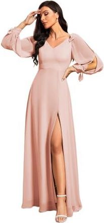 Ever-pretty Robe de Soirée Femme Longue Fendue Col en V Mousseline de Soie A Line Taille Empire Manches Longues Dos Nu uni Chic Rose 36