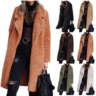 Generic Manteau en fausse fourrure &agrave; revers - Vestes longues - Cardigan long &agrave; lavant - Manteau en fausse fourrure chaude pour lhiver, caramel, XXL