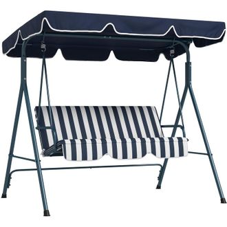 OUTSUNNY Balancelle de jardin 3 places toit r&eacute;glable acier polyester bleu blanc ray&eacute;