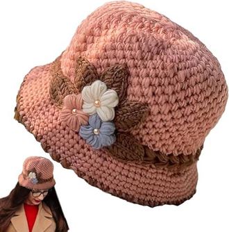 Generic Chapeau en laine tricotée à fleurs pour femme | Chapeaux chauds et coupe-vent pour femmes pour lhiver, lautomne et lhiver - Chapeau en laine tricoté à