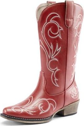 Dream Pairs Bottes de cowboy mi-mollet pour femme - Bout carr&eacute; - Talon &eacute;pais - Broderie - Bottes western, Rouge, 37 EU