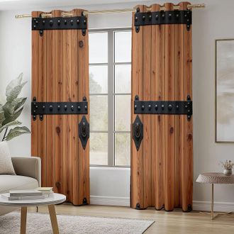 Generic Blickdichte Vorh&auml;nge - Traditionell Verdunkelungsvorhang &Ouml;senvorhang Braune Holzt&uuml;r gedruckt Ger&auml;uschreduzierung Schwarz Gardinen f&uuml;r Zimmer B&uuml;ro Schl