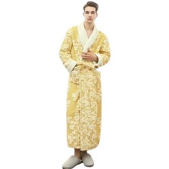 Generic QXDZSW Hiver Chaud Polaire Longue Robe Couple V&ecirc;tements de Nuit &Eacute;pais Flanelle Jacquard Peignoir de Nuit L&acirc;che Homewear Lounge Wear, Hommes Jaune &Eacute;pai