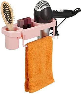 Relaxdays Föhn Halterung ohne Bohren, Kunststoff, mit Kabelhalter & Ablagen, Föhnhalter Wand, HBT: 9x30x10,5 cm, rosa