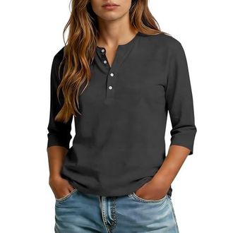 Generic Polo d&eacute;t&eacute; surdimensionn&eacute; &agrave; manches 3/4 avec col Henley boutonn&eacute; et mignon - Doux - Solide - Pour l&eacute;t&eacute; - D&eacute;contract&eacute; - Pour le quotidien, gris fonc&eacute;, 3