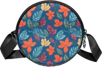 Generic Sac &agrave; bandouli&egrave;re rond pour femme, motif feuilles color&eacute;es, petit sac &agrave; bandouli&egrave;re avec fermeture &eacute;clair, bretelles r&eacute;glables, sac &agrave; main rond d&eacute;cont