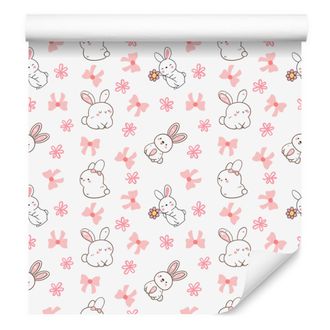 OEM Carta Da Parati Con Conigli Nei Colori Bianco, Corallo E Grigio Chiaro Per Soggiorno E Camera Da Letto, 50x1000